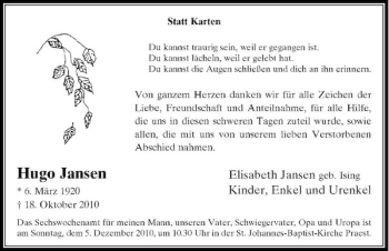 Alle Traueranzeigen für Hugo Jansen | trauer.rp-online.de