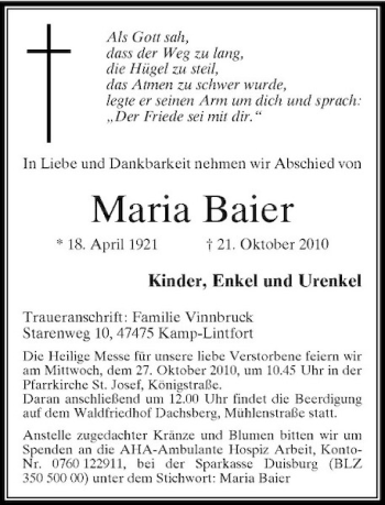 Alle Traueranzeigen für Maria Baier | trauer.rp-online.de