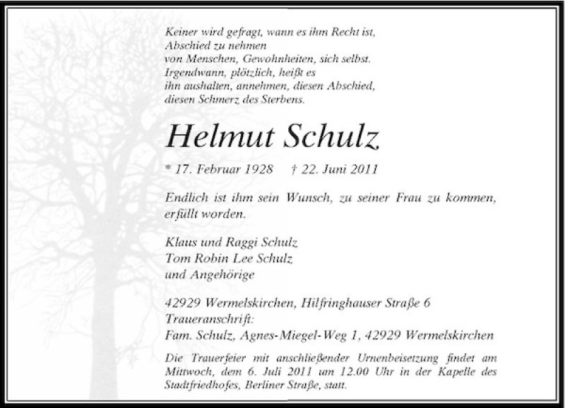 Alle Traueranzeigen für Helmut Schulz | trauer.rp-online.de