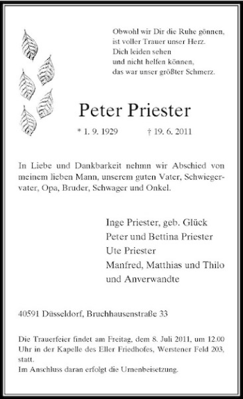 Alle Traueranzeigen für Peter Priester | trauer.rp-online.de