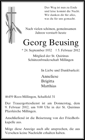 Alle Traueranzeigen für Georg Beusing | trauer.rp-online.de