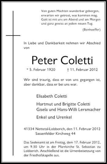 Alle Traueranzeigen für Peter Coletti | trauer.rp-online.de