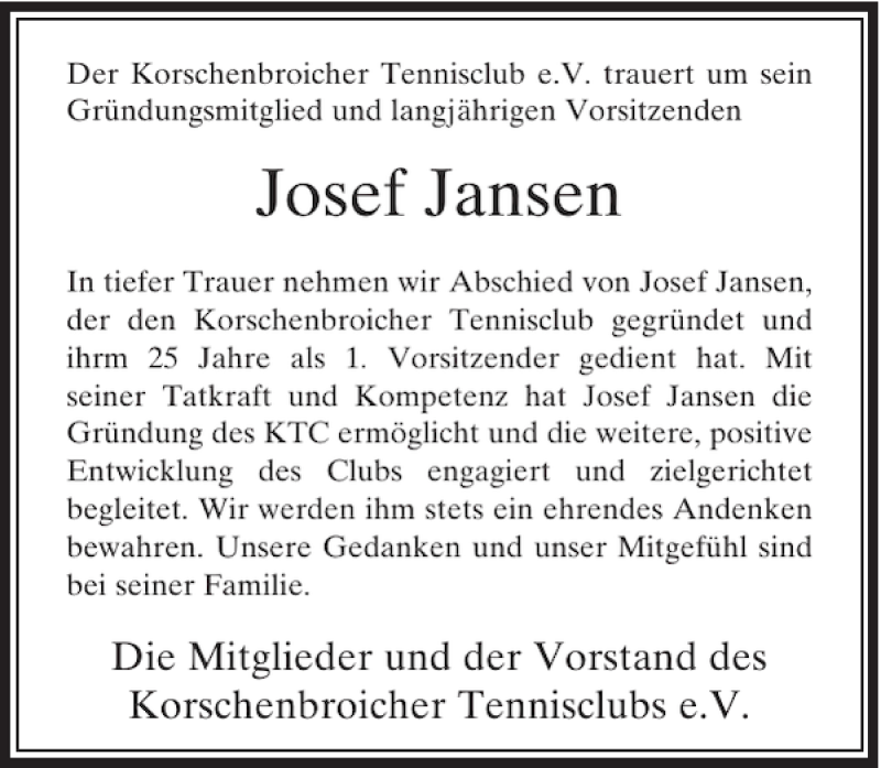 Alle Traueranzeigen für Josef Jansen | trauer.rp-online.de