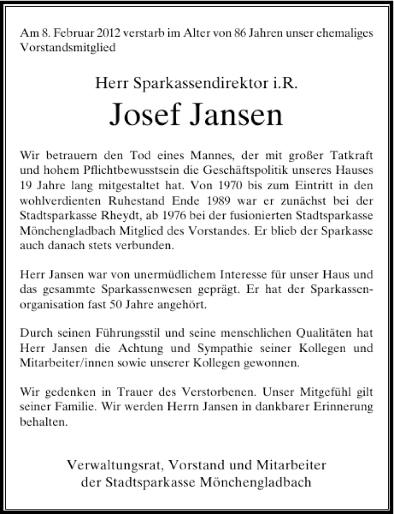Alle Traueranzeigen für Josef Jansen | trauer.rp-online.de