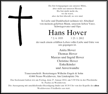 Alle Traueranzeigen für Hans Hover | trauer.rp-online.de