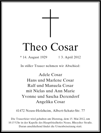 Alle Traueranzeigen für Theo Cosar | trauer.rp-online.de