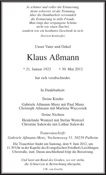 Alle Traueranzeigen für Klaus Aßmann | trauer.rp-online.de