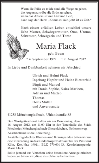 Alle Traueranzeigen für Maria Flack | trauer.rp-online.de