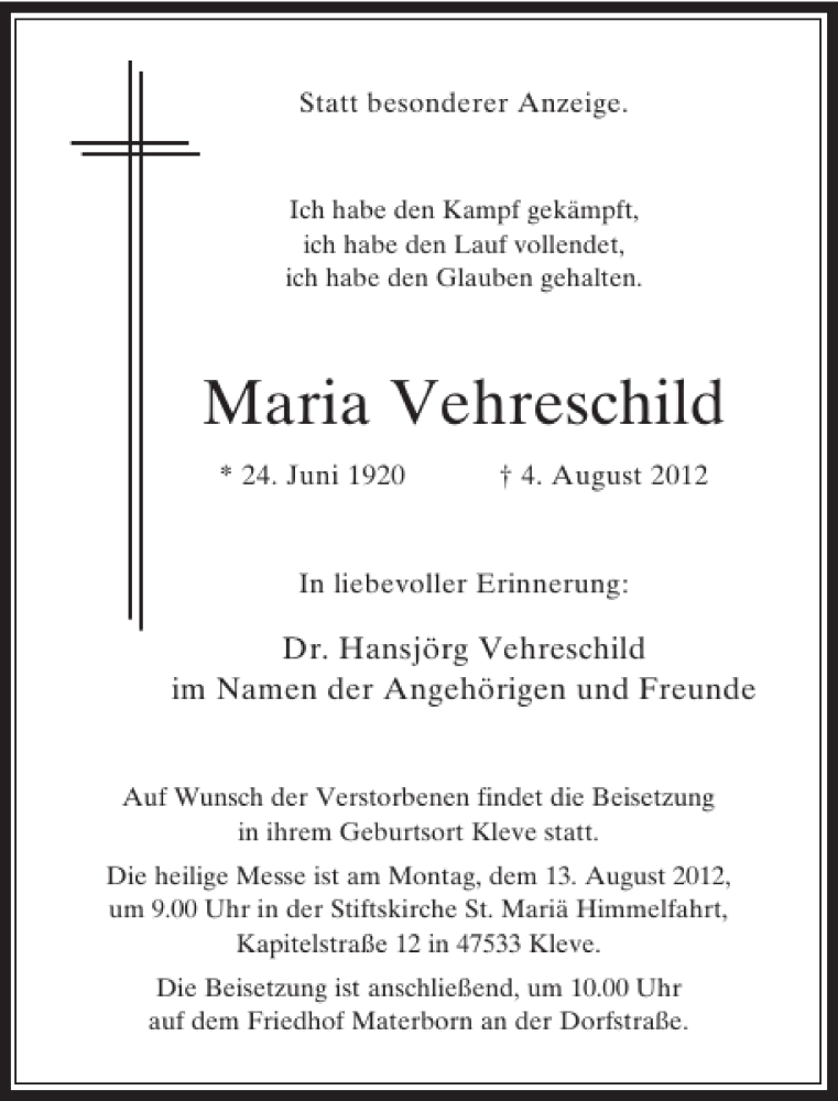 Alle Traueranzeigen für Maria Vehreschild | trauer.rp-online.de
