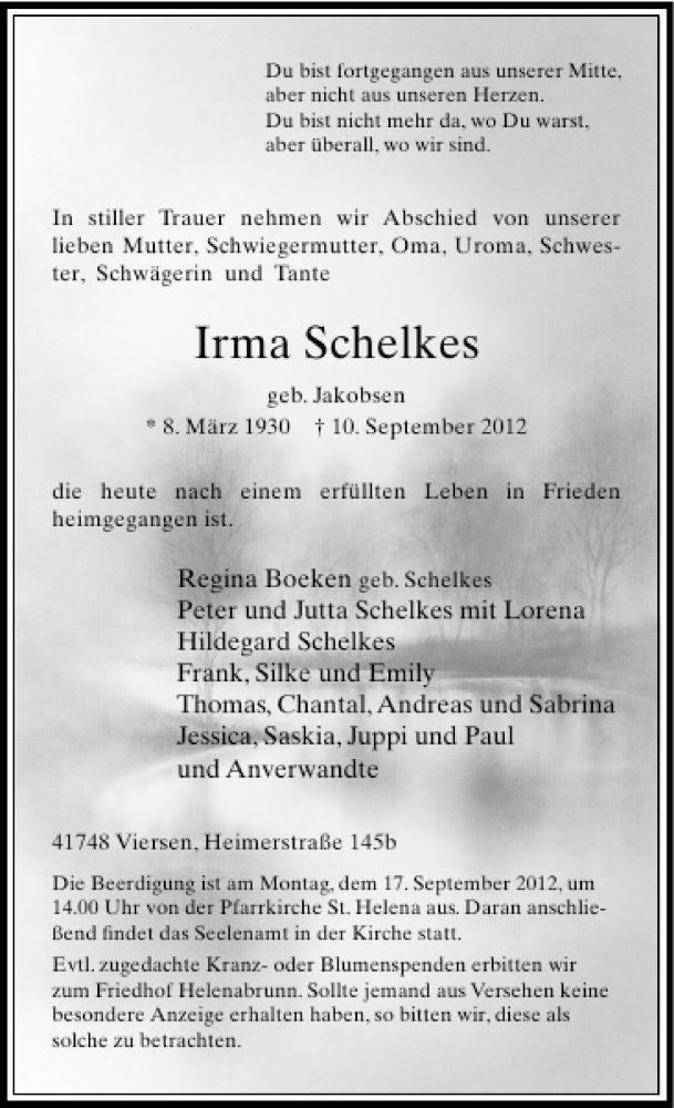 Alle Traueranzeigen für Irma Schelkes | trauer.rp-online.de