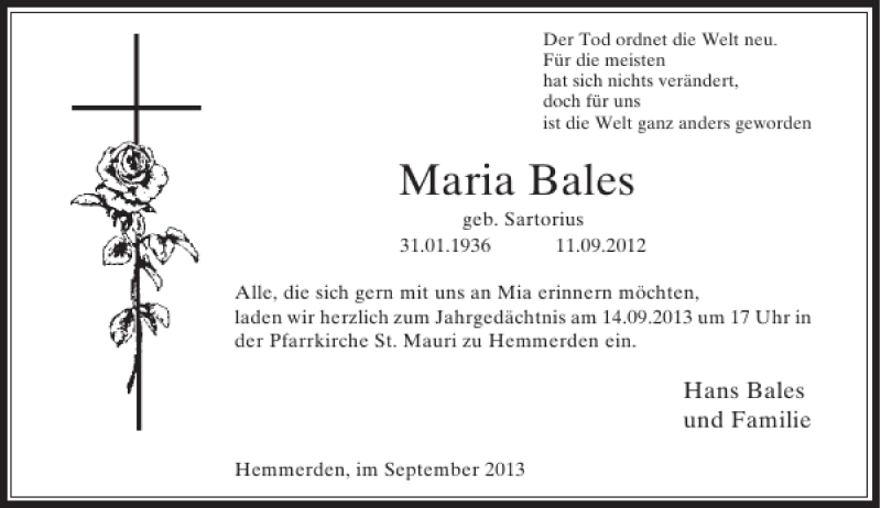 Alle Traueranzeigen für Maria Bales | trauer.rp-online.de