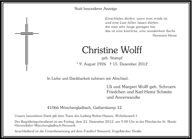 Alle Traueranzeigen für Christine Wolff | trauer.rp-online.de