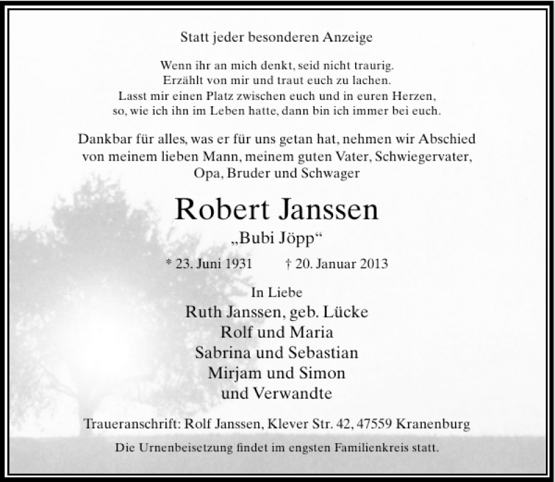 Alle Traueranzeigen für Robert Janssen | trauer.rp-online.de