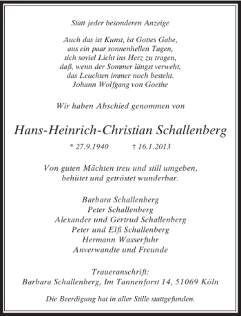Alle Traueranzeigen für Hans-Heinrich-Christian Schallenberg | trauer ...