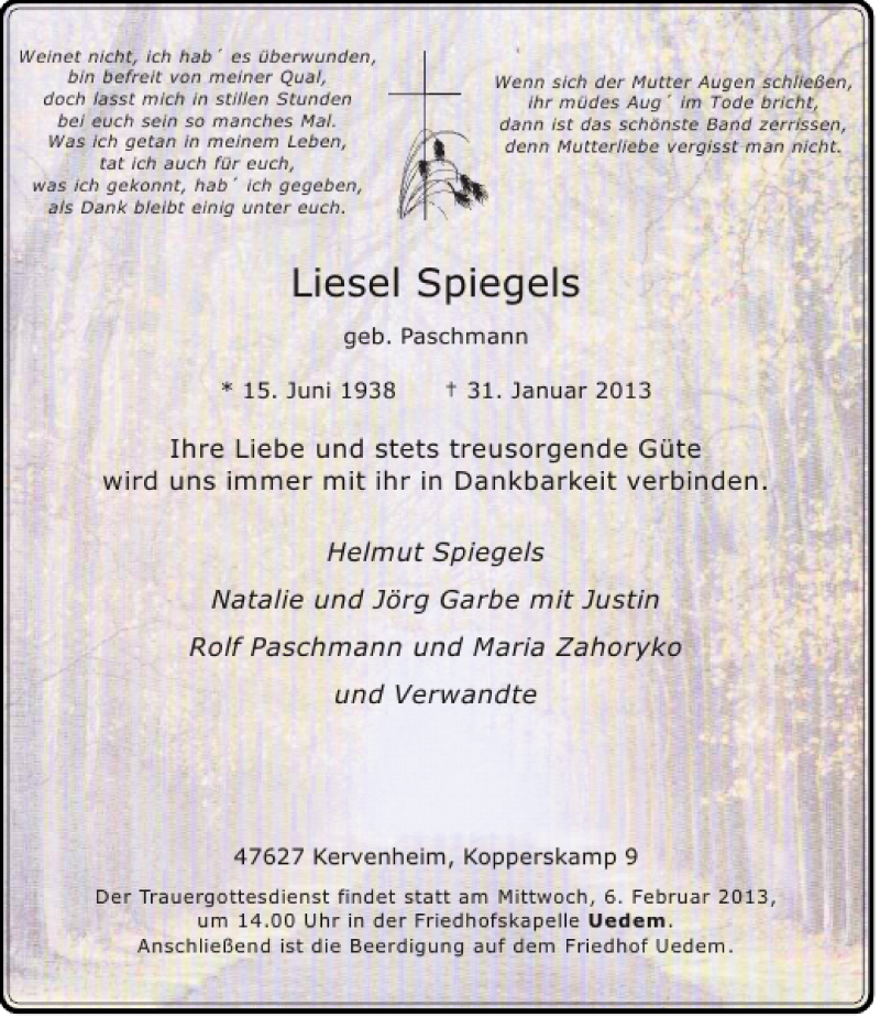 Alle Traueranzeigen für Liesel Spiegels | trauer.rp-online.de
