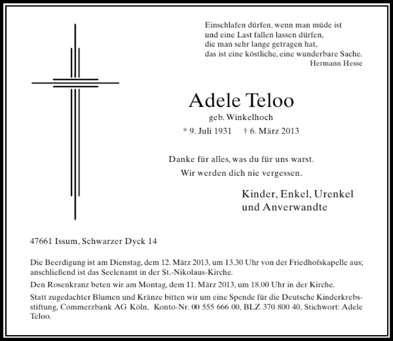 Alle Traueranzeigen für Adele Teloo | trauer.rp-online.de