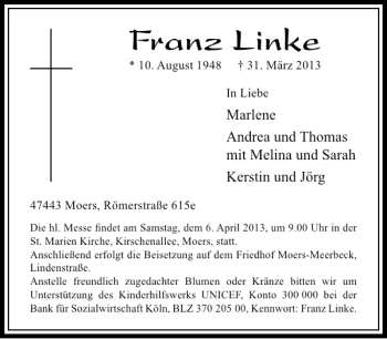 Alle Traueranzeigen für Franz Linke | trauer.rp-online.de