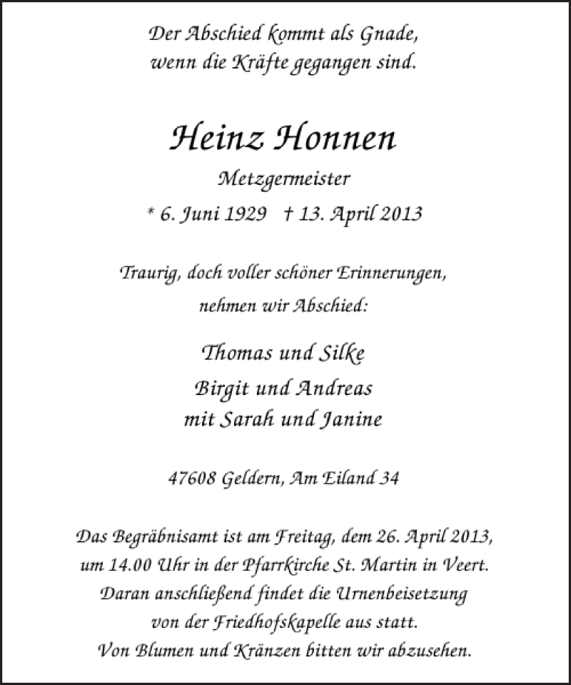 Alle Traueranzeigen für Heinz Honnen | trauer.rp-online.de