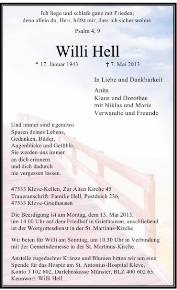 Alle Traueranzeigen für Willi Hell | trauer.rp-online.de