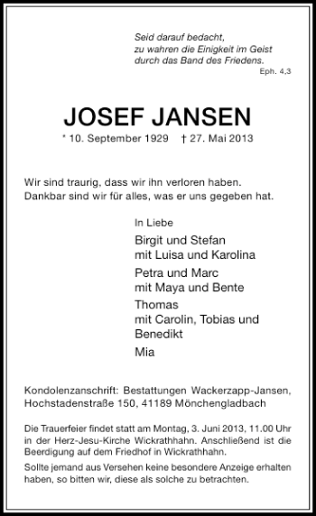 Alle Traueranzeigen für Josef Jansen | trauer.rp-online.de