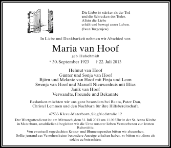 Alle Traueranzeigen für Maria van Hoof | trauer.rp-online.de