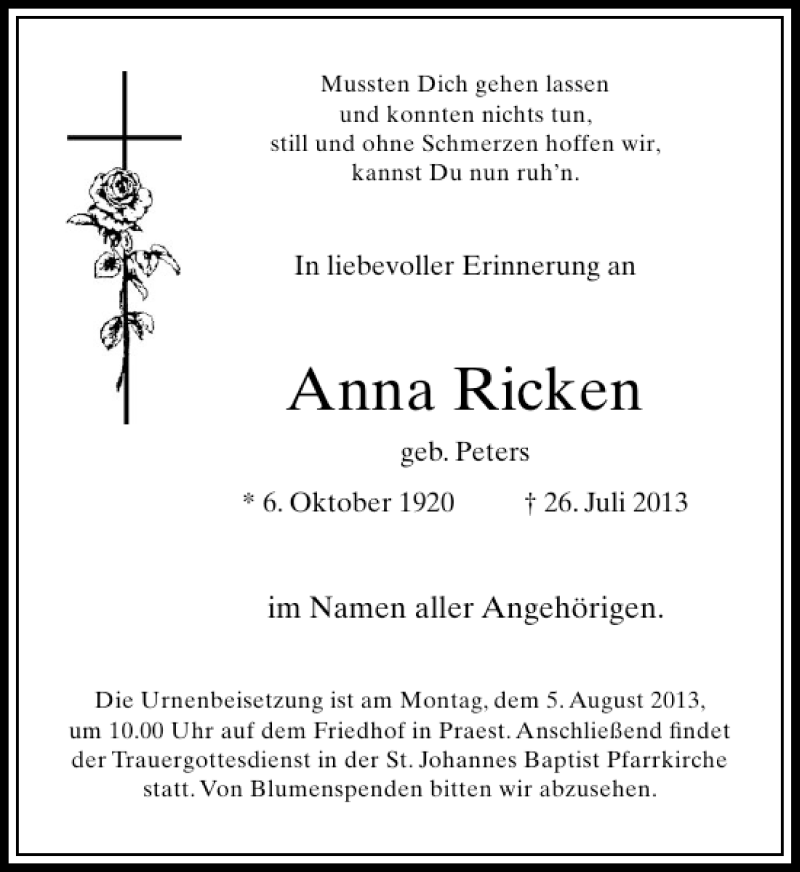 Alle Traueranzeigen für Anna Ricken | trauer.rp-online.de