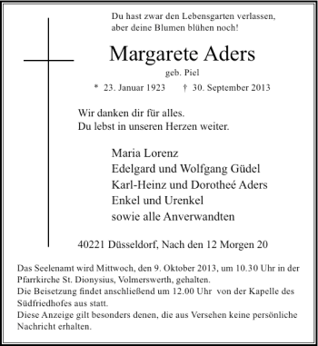 Alle Traueranzeigen für Margarete Aders | trauer.rp-online.de