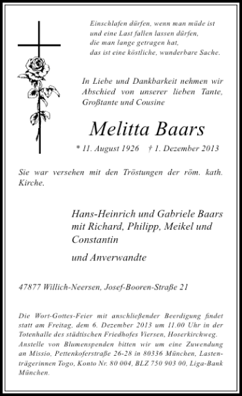 Alle Traueranzeigen für Melitta Baars | trauer.rp-online.de