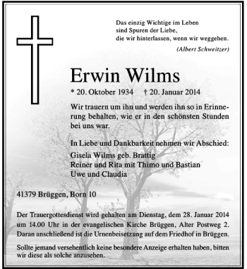 Alle Traueranzeigen für Erwin Wilms | trauer.rp-online.de