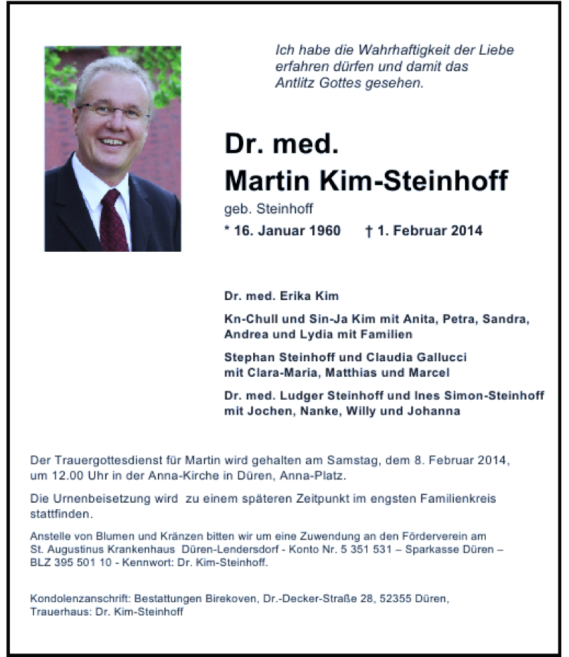 Alle Traueranzeigen für Dr. med.Martin Kim-Steinhoff | trauer.rp-online.de
