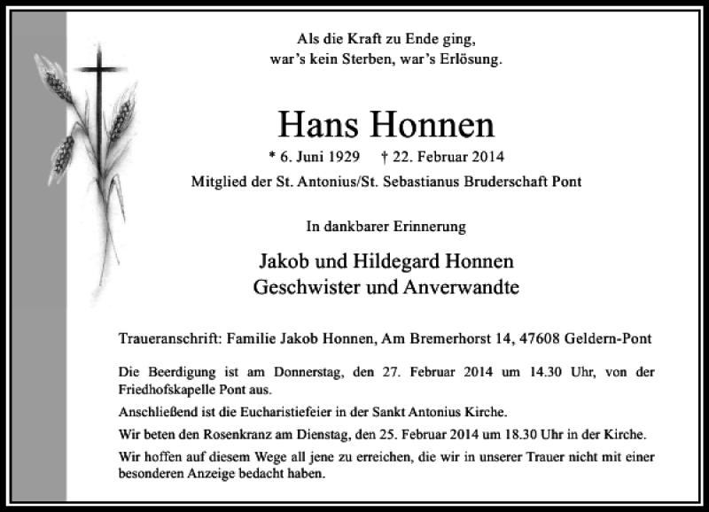 Alle Traueranzeigen für Hans Honnen | trauer.rp-online.de