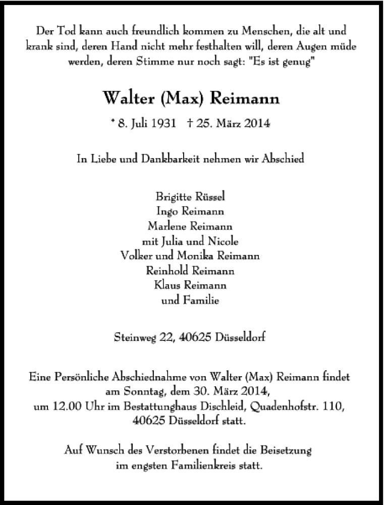 Alle Traueranzeigen für Walter Max Reimann | trauer.rp-online.de