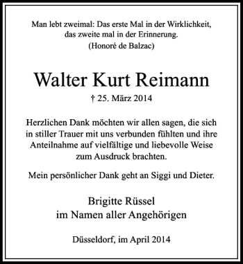 Alle Traueranzeigen für Walter Kurt Reimann | trauer.rp-online.de
