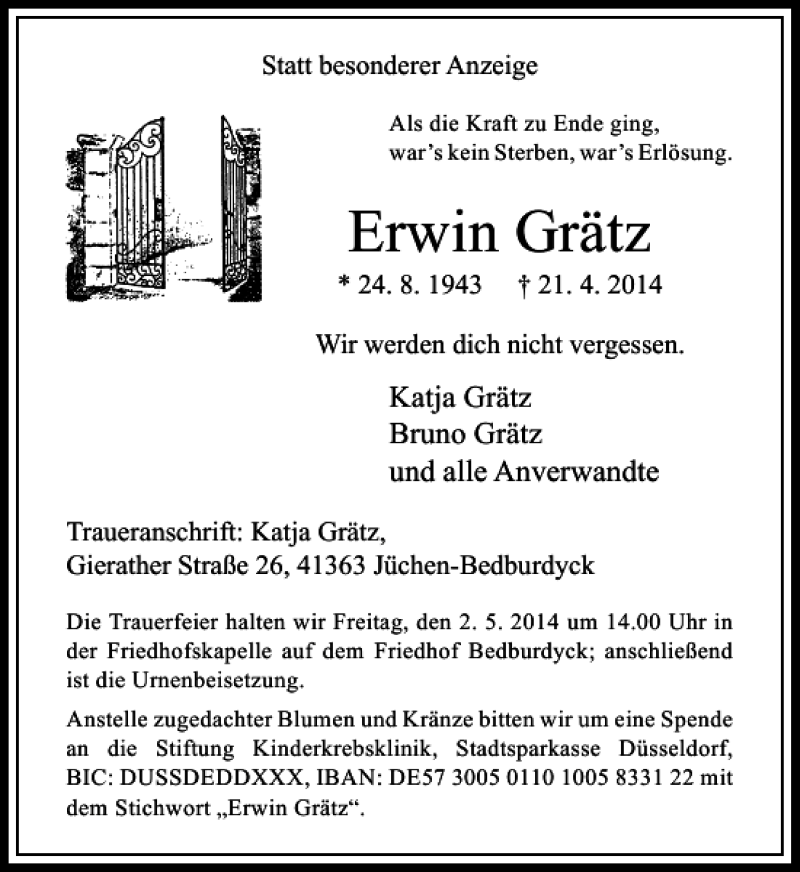 Alle Traueranzeigen für Erwin Grätz | trauer.rp-online.de