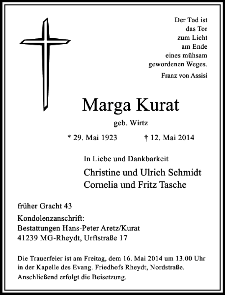 Alle Traueranzeigen für Marga Kurat geb. Wirtz | trauer.rp-online.de
