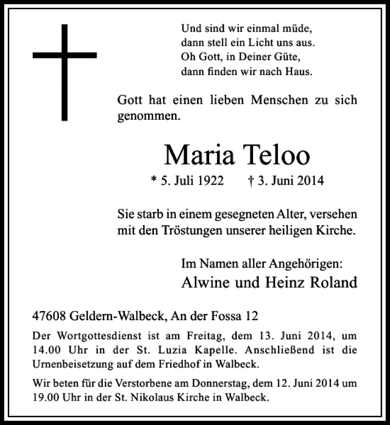 Alle Traueranzeigen für Maria Teloo | trauer.rp-online.de