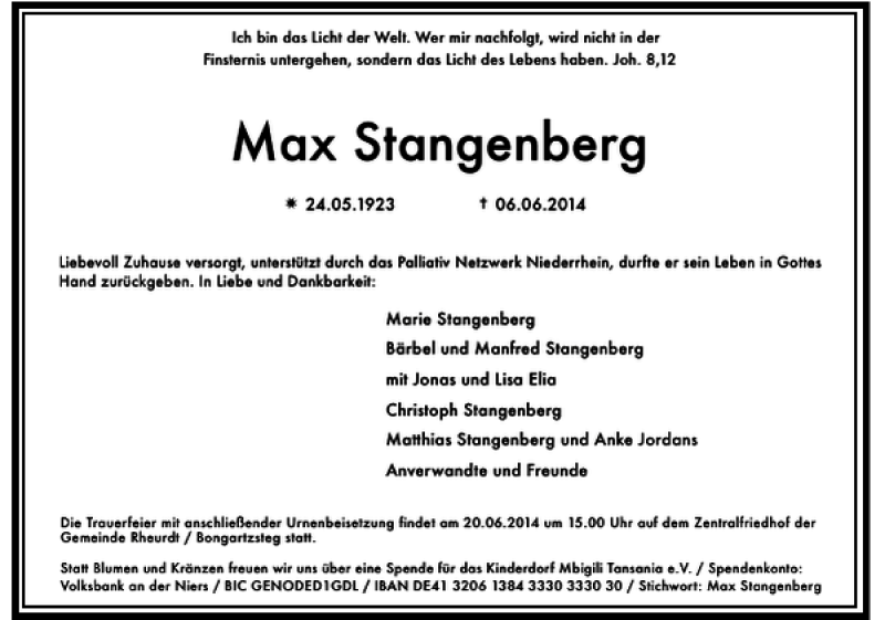 Alle Traueranzeigen für Max Stangenberg | trauer.rp-online.de