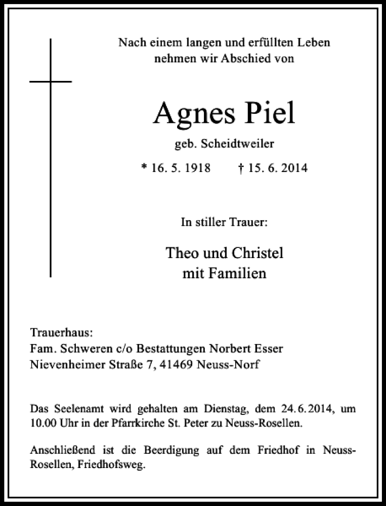 Alle Traueranzeigen für Agnes Piel | trauer.rp-online.de