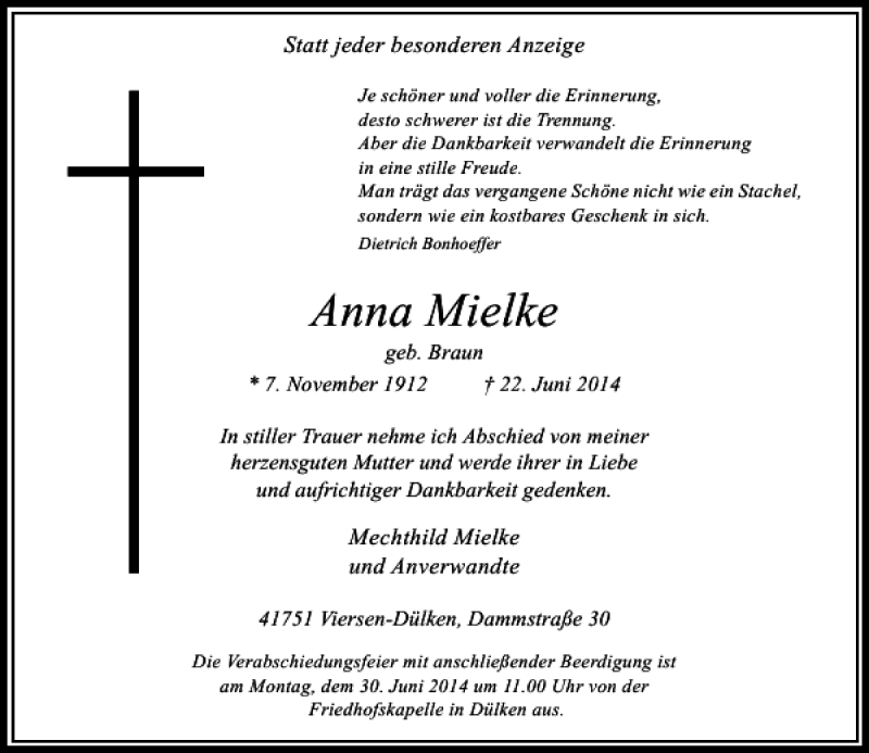 Alle Traueranzeigen für Anna Mielke | trauer.rp-online.de