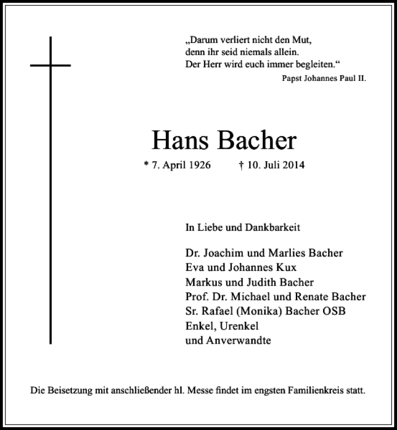 Alle Traueranzeigen für Hans Bacher | trauer.rp-online.de