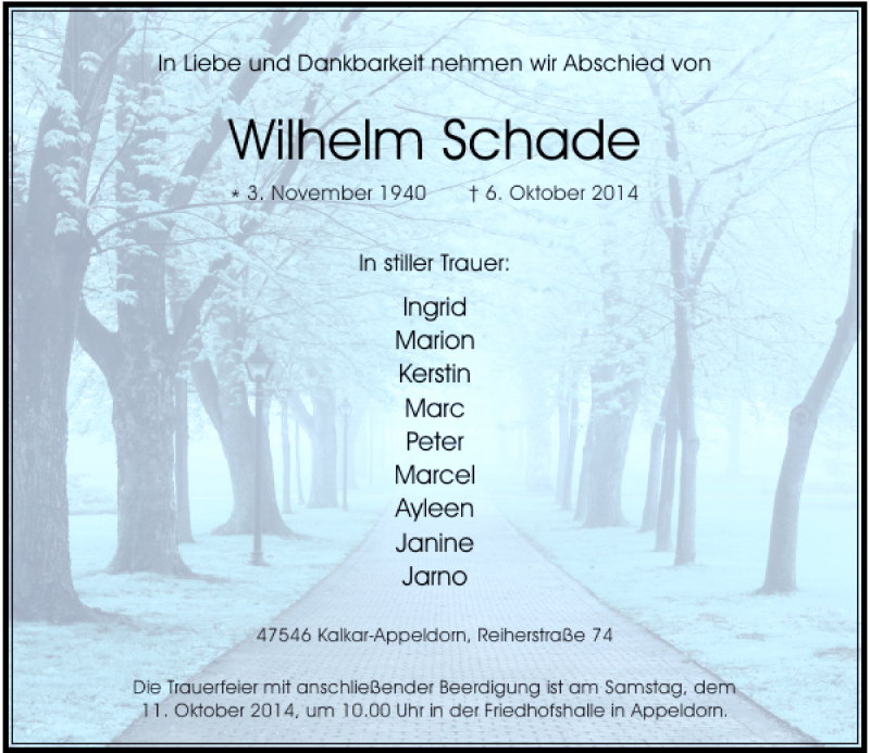 Alle Traueranzeigen für Wilhelm Schade | trauer.rp-online.de