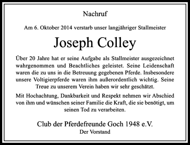 Alle Traueranzeigen für Joseph Colley | trauer.rp-online.de