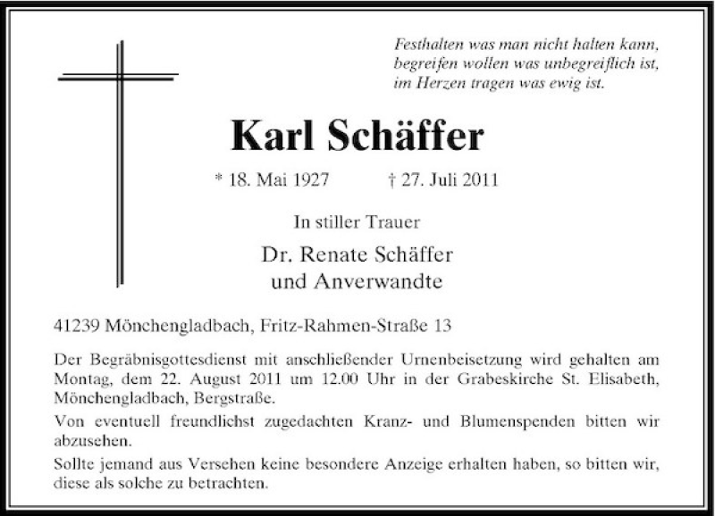 Alle Traueranzeigen für Karl Schäffer | trauer.rp-online.de