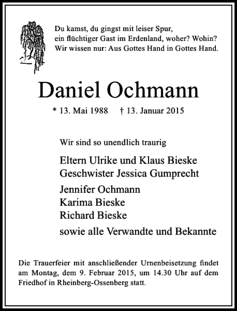 Alle Traueranzeigen für Daniel Ochmann | trauer.rp-online.de