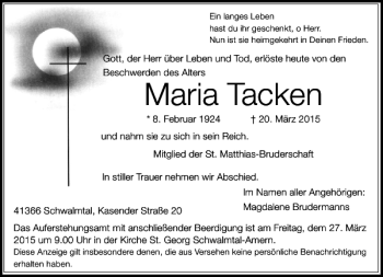 Alle Traueranzeigen für Tacken Maria | trauer.rp-online.de
