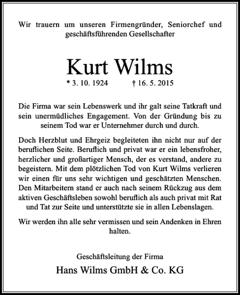 Alle Traueranzeigen für Wilms Kurt | trauer.rp-online.de