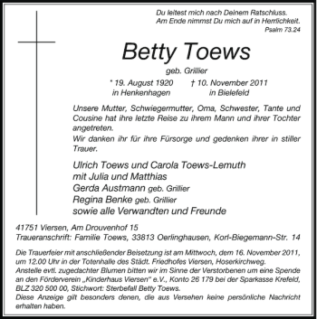 Alle Traueranzeigen für Betty Toews | trauer.rp-online.de