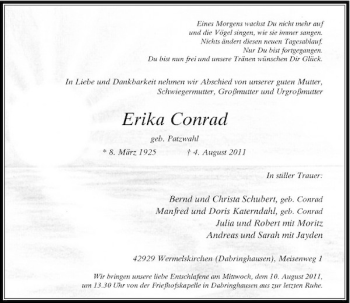 Alle Traueranzeigen für Erika Conrad | trauer.rp-online.de