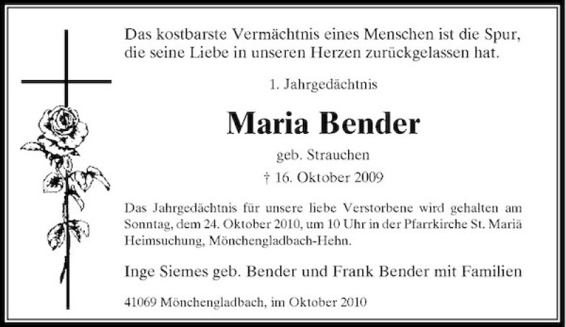 Alle Traueranzeigen für Maria Bender | trauer.rp-online.de
