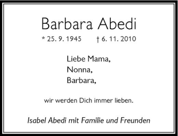 Alle Traueranzeigen für Barbara Abedi | trauer.rp-online.de